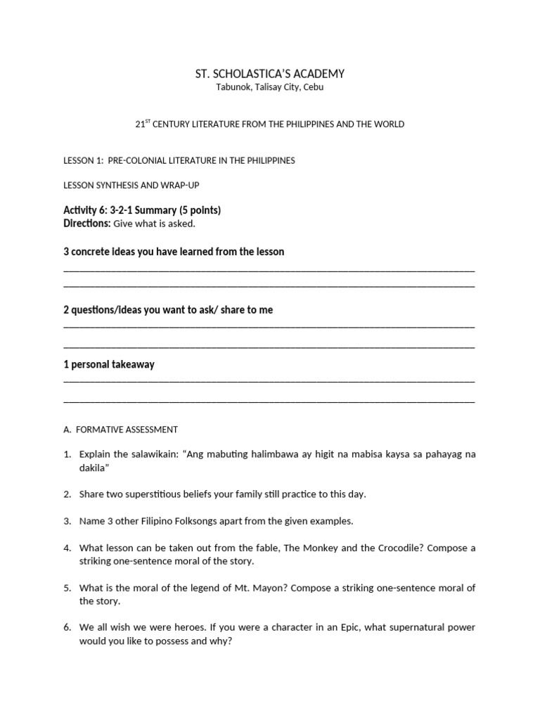 Lesson 1 Formative Summative Assessment | PDF