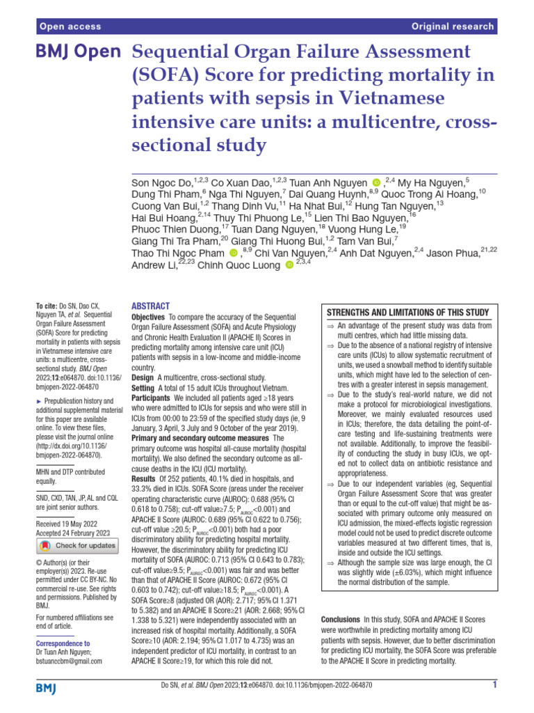 SOFA Score Predicts Sepsis Mortality in Vietnam | PDF | Intensive Care ...