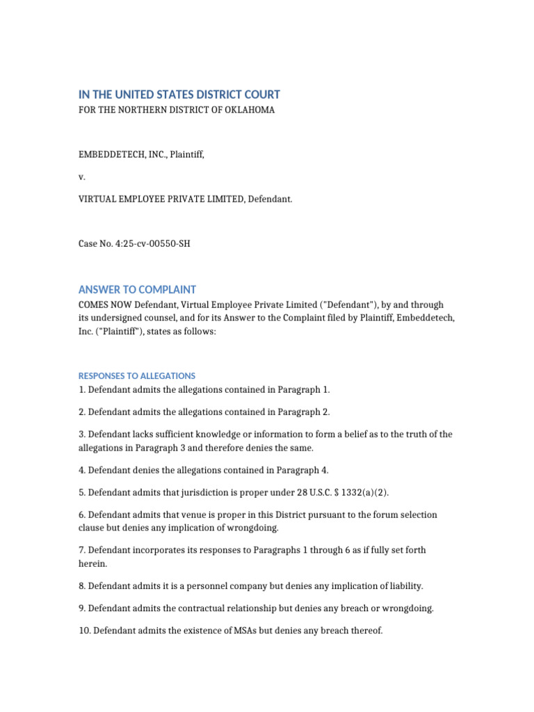 Virtual Employee's Answer to Complaint | PDF | Complaint | Estoppel