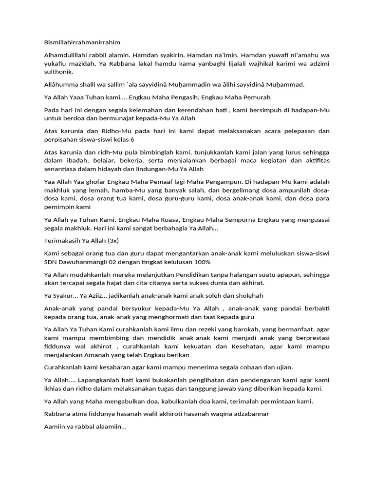 Doa Syukur Pelepasan Siswa Kelas 6 | PDF
