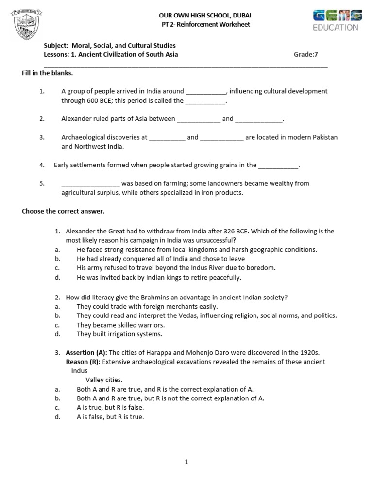 MSCS PT-2 Reinforcement Worksheet-Ancient Civilization of South Asia | PDF
