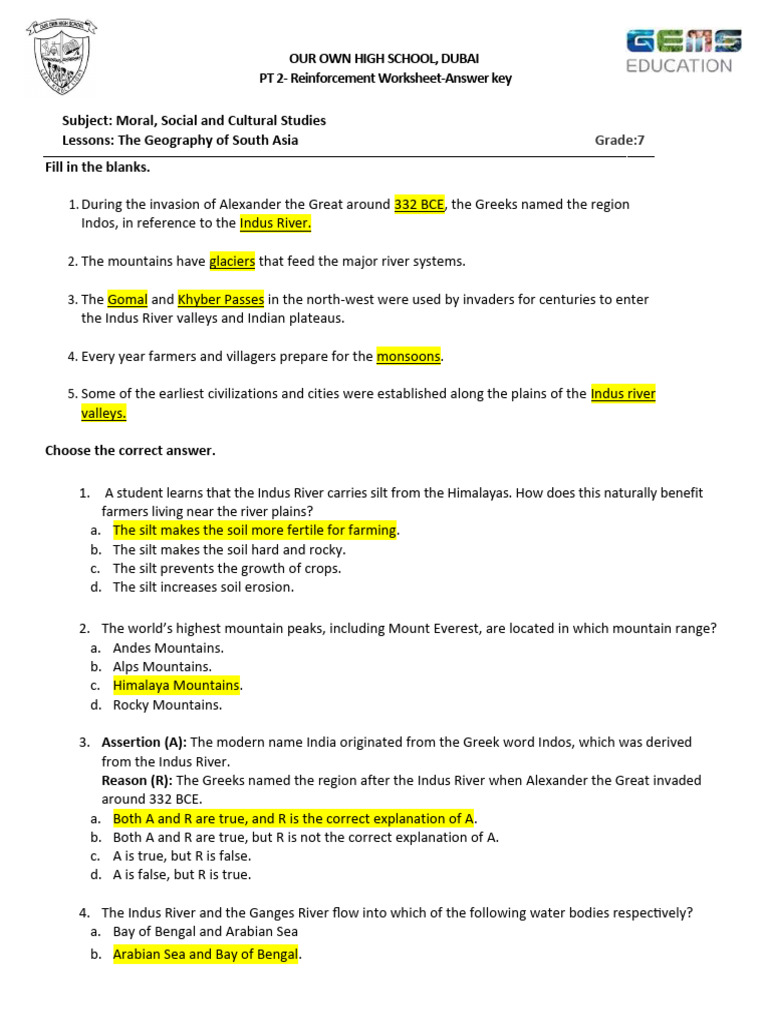 PT 2 Reinfrocement Worksheet The Geography of South Asia - Answer Key ...