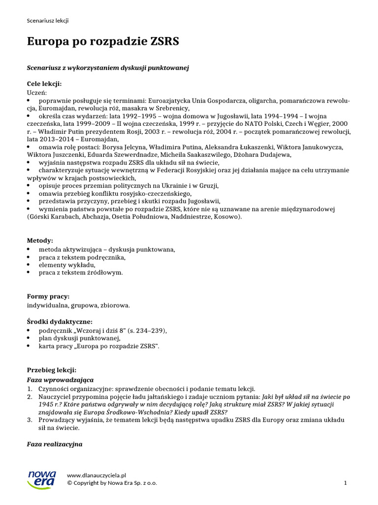 61 Europa Po Rozpadzie Zsrs Scenariusz Lekcji | PDF