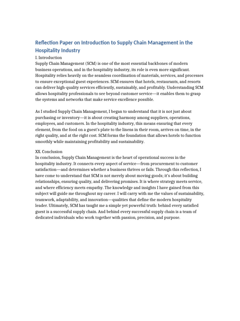Reflection Paper Supply Chain Management Hospitality | PDF