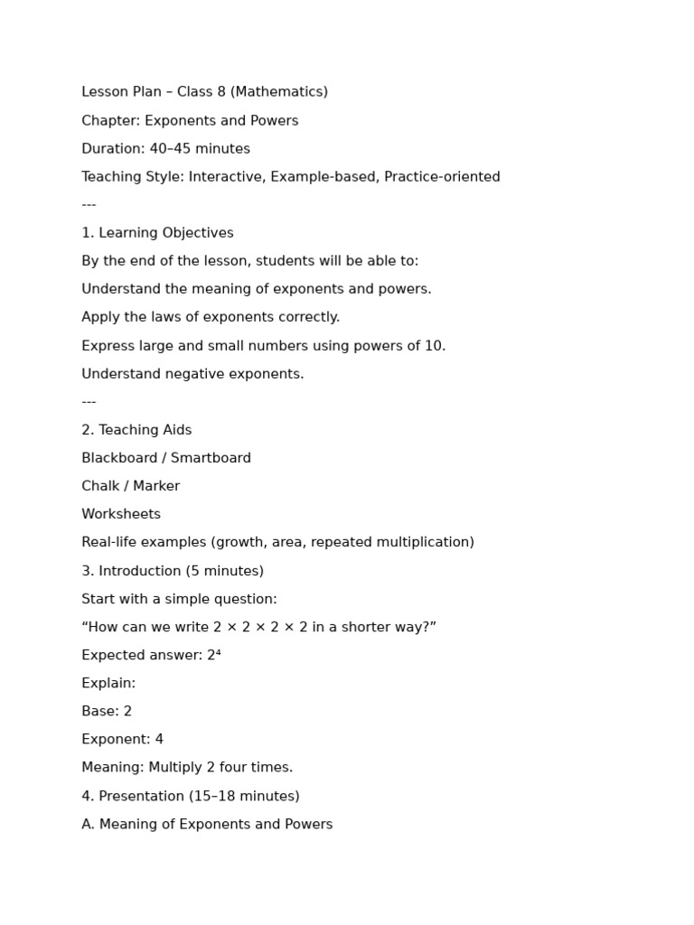 Exponents and Powers Lesson Plan | PDF