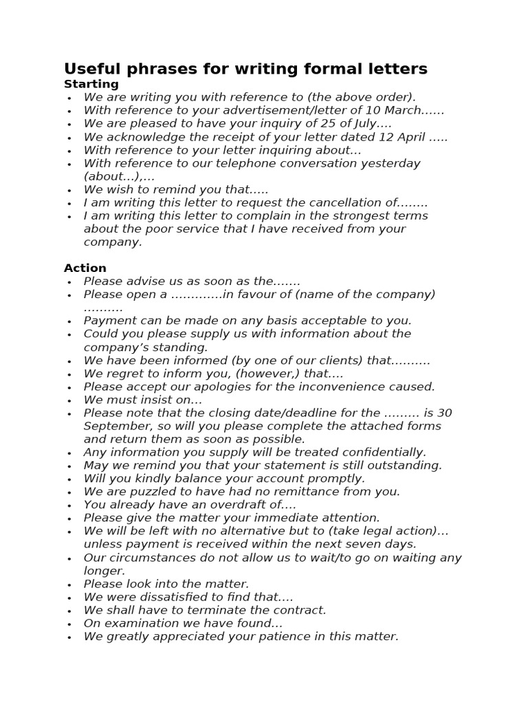 Useful Phrases For Writing Formal Letters | PDF