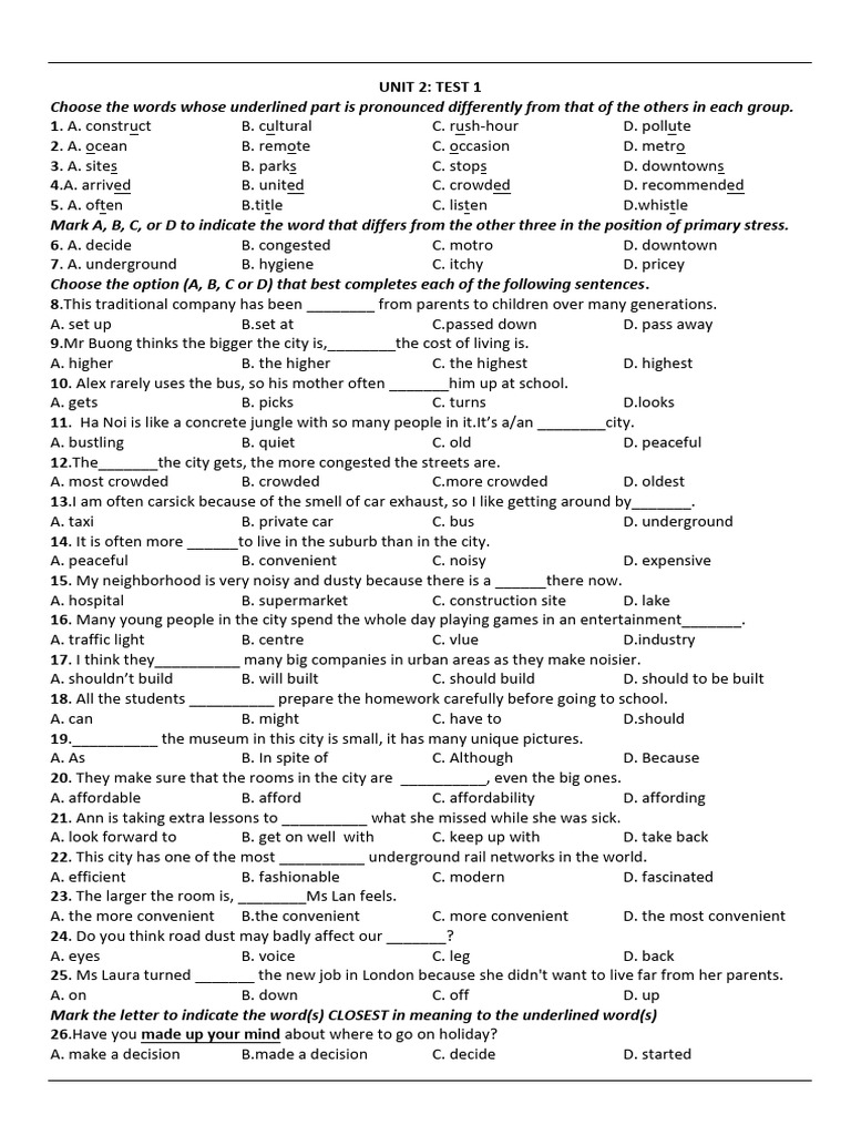 City Life Vocabulary and Grammar Test | PDF | Cost Of Living