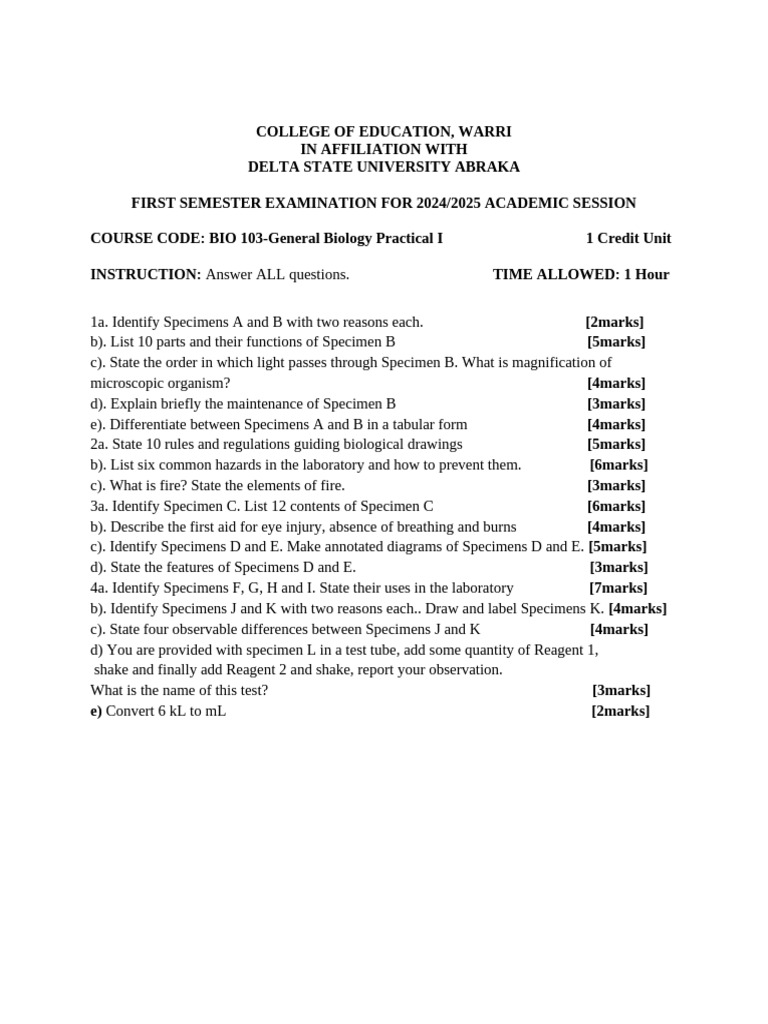 BIO 103 General Biology Practical Exam | PDF | Biology