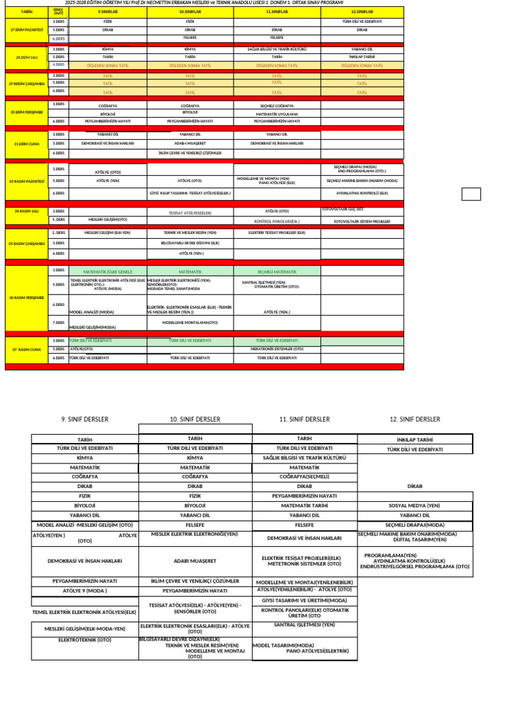 27.10.sinav Programi 2025 1.dönem 1.yazılılar | PDF