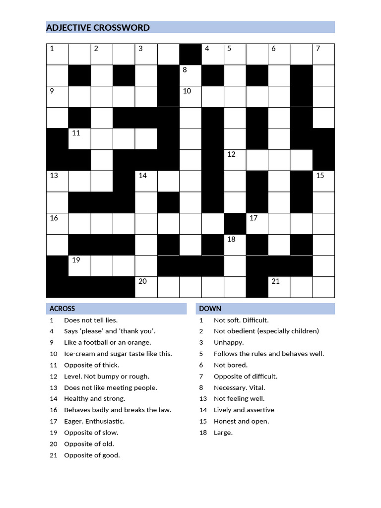 Crossword Intermediate Adjectives Crosswords 144521 | PDF
