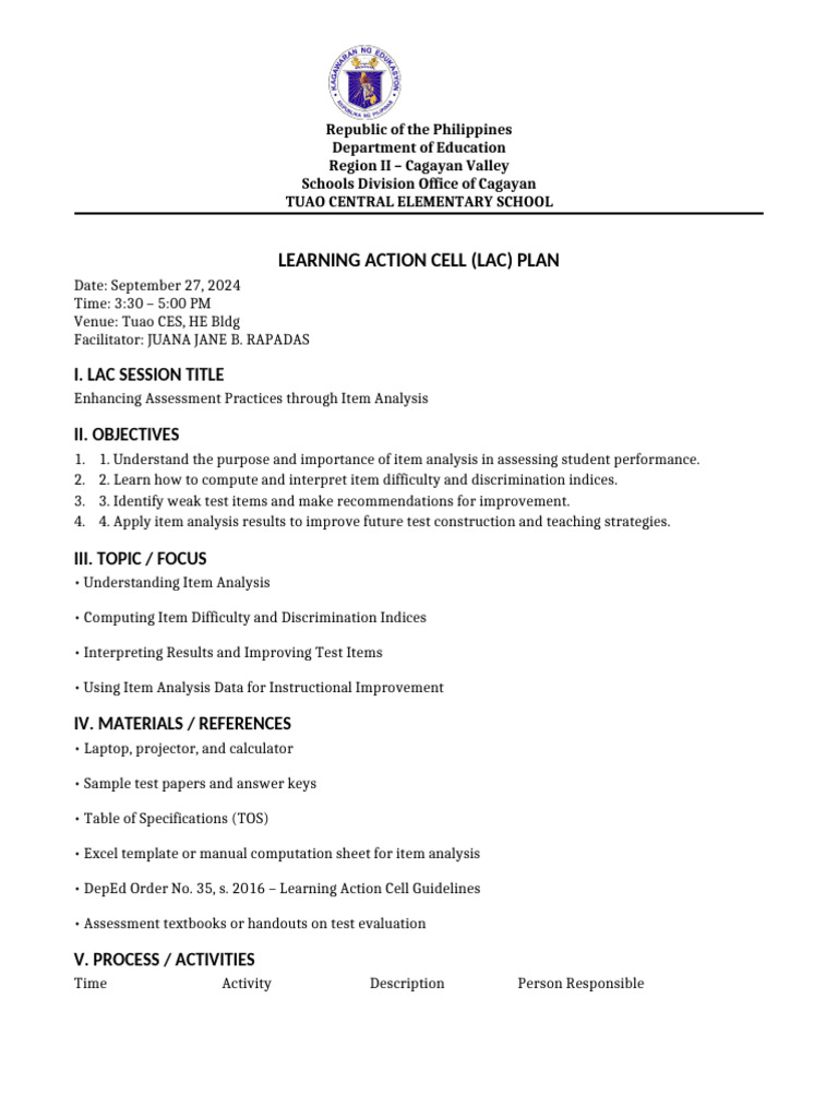 LAC Plan On Item Analysis | PDF | Learning | Cognition