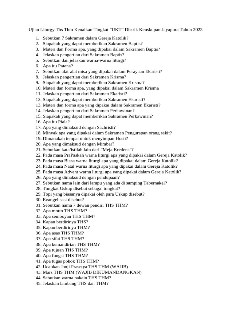 Ujian Liturgy Ths THM Kenaikan Tingkat | PDF
