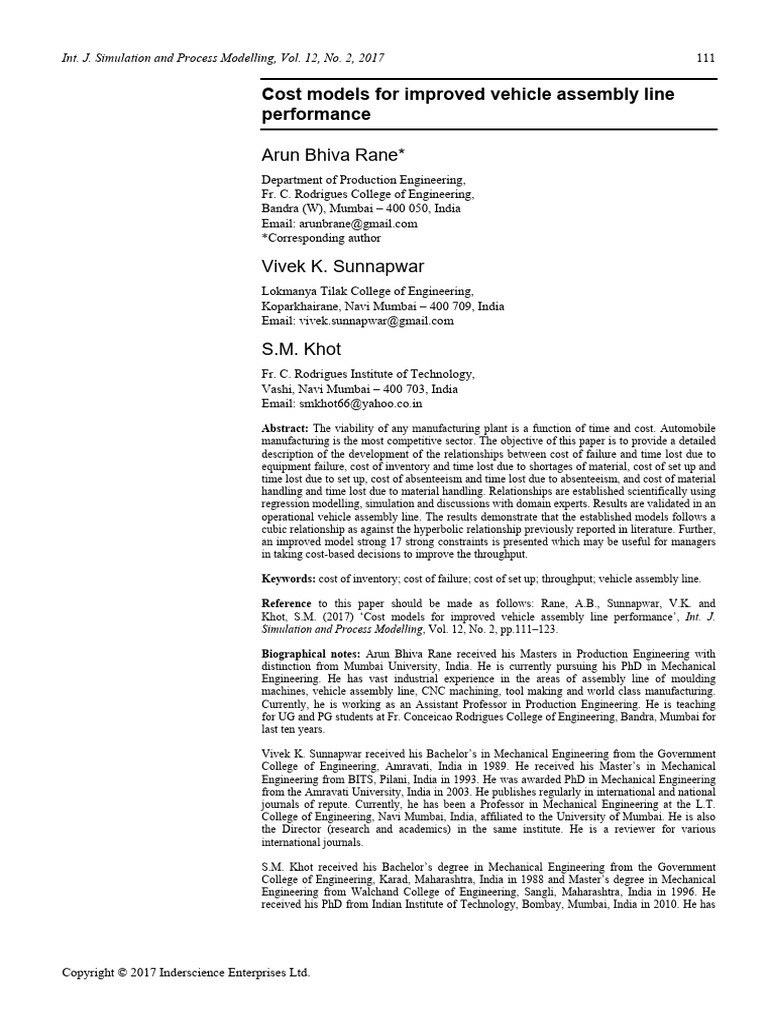 Cost Models For Improved Vehicle Assembly Line Performance - IJSPM ...