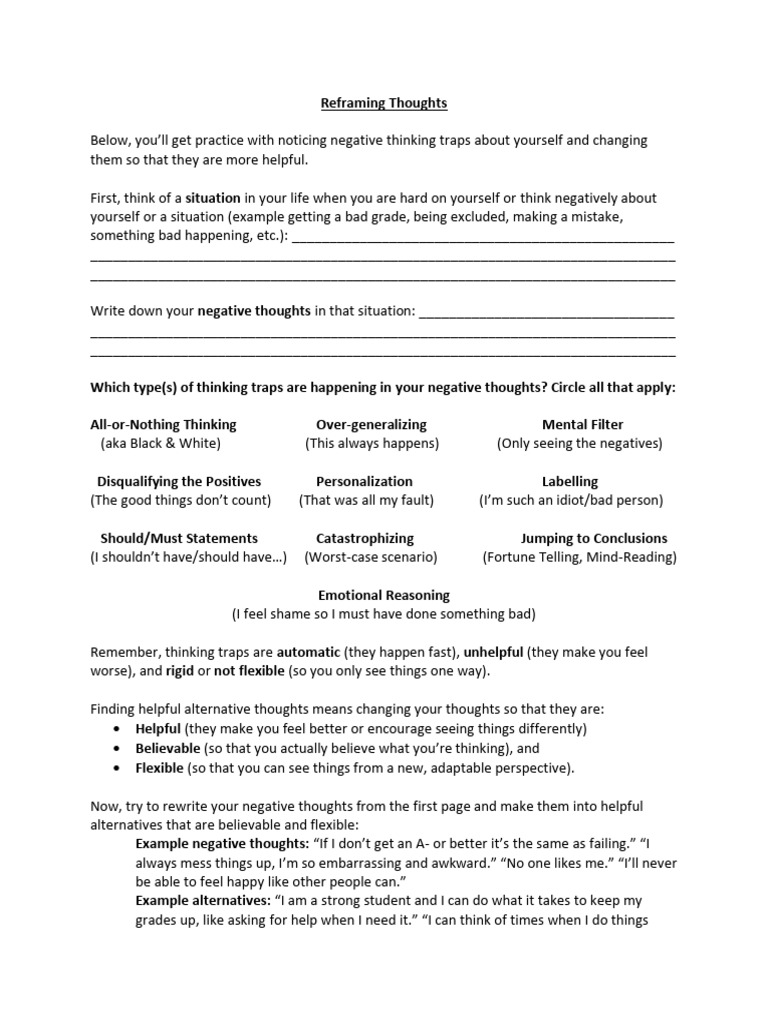 Reframing Thoughts Worksheet | PDF | Thought | Mental Processes