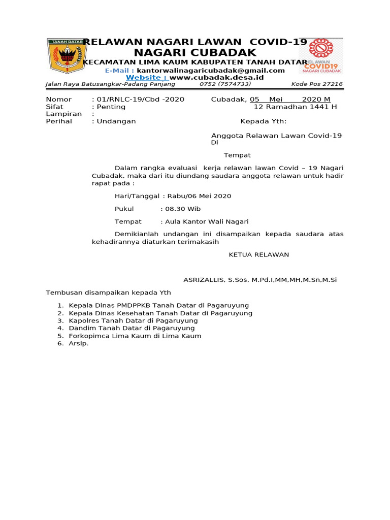 Undangan Rapat Relawan Covid-19 Cubadak | PDF