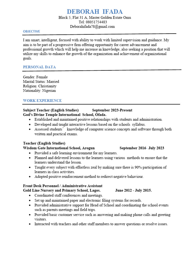 Deborah Teaching CV 2025 | PDF | Teachers | Learning