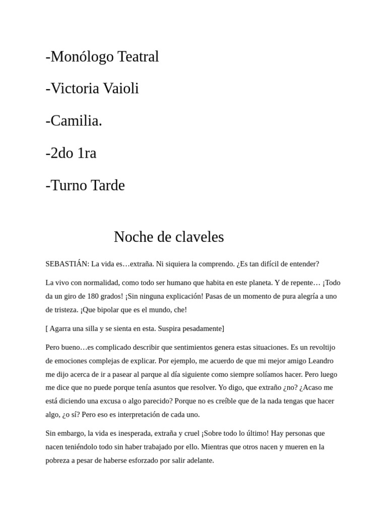 Monólogo Teatral. Noche de Claveles-Victoria Vaioli 2do 1ra | PDF