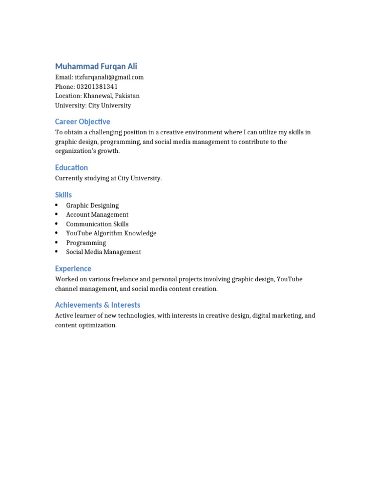 Muhammad Furqan Ali CV | PDF