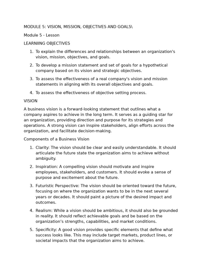 Vision, Mission, Objectives, and Goals Guide | PDF | Goal | Strategic ...