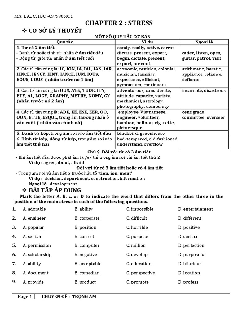 MS. LẠI CHÚC CHUYÊN ĐỀ 2(TRỌNG ÂM) | PDF