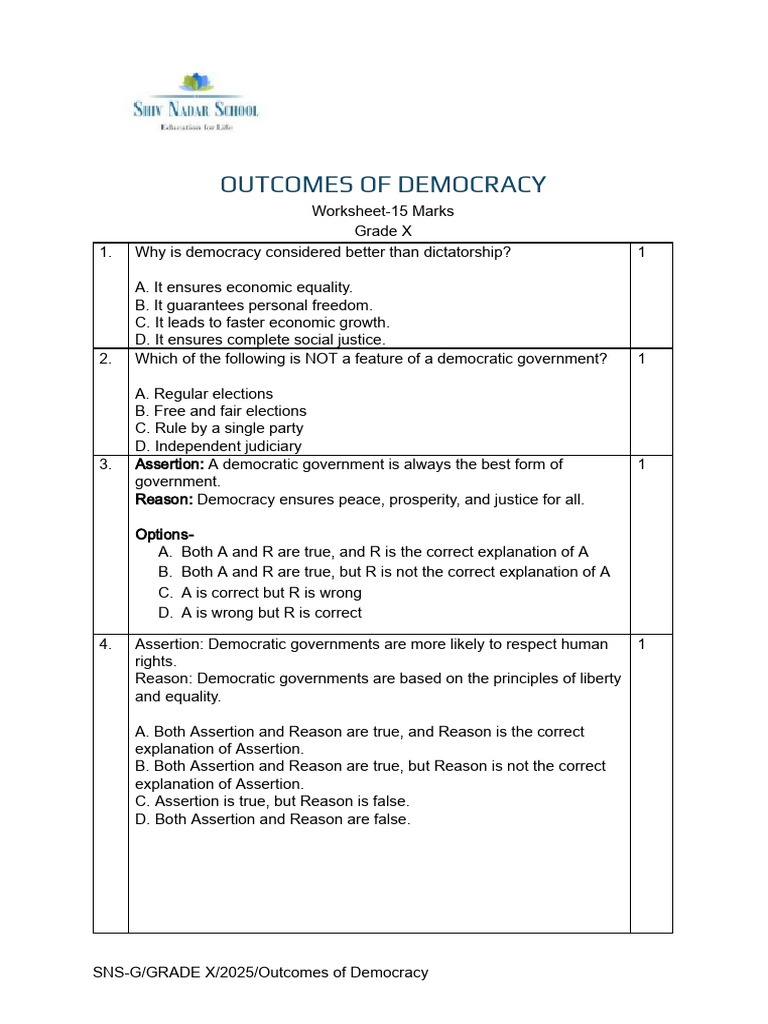Worksheet - Outcomes of Democracy | PDF | Democracy | Political Ideologies