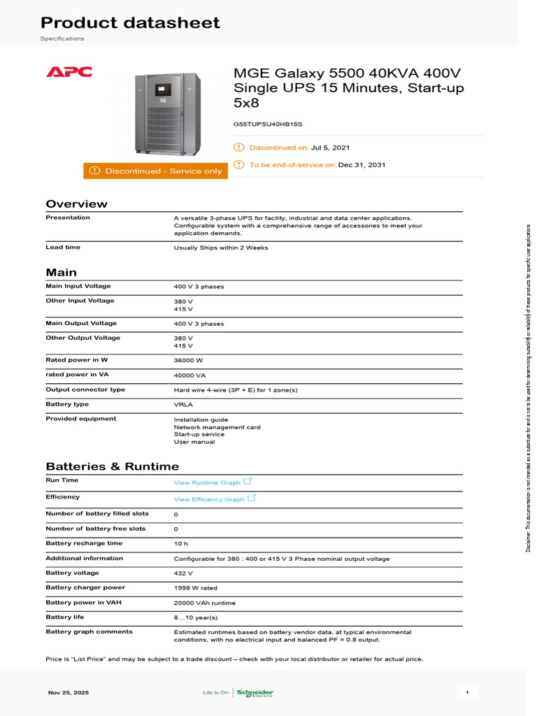 Schneider Electric Galaxy-5500 G55TUPSU40HB15S | PDF | Mains ...