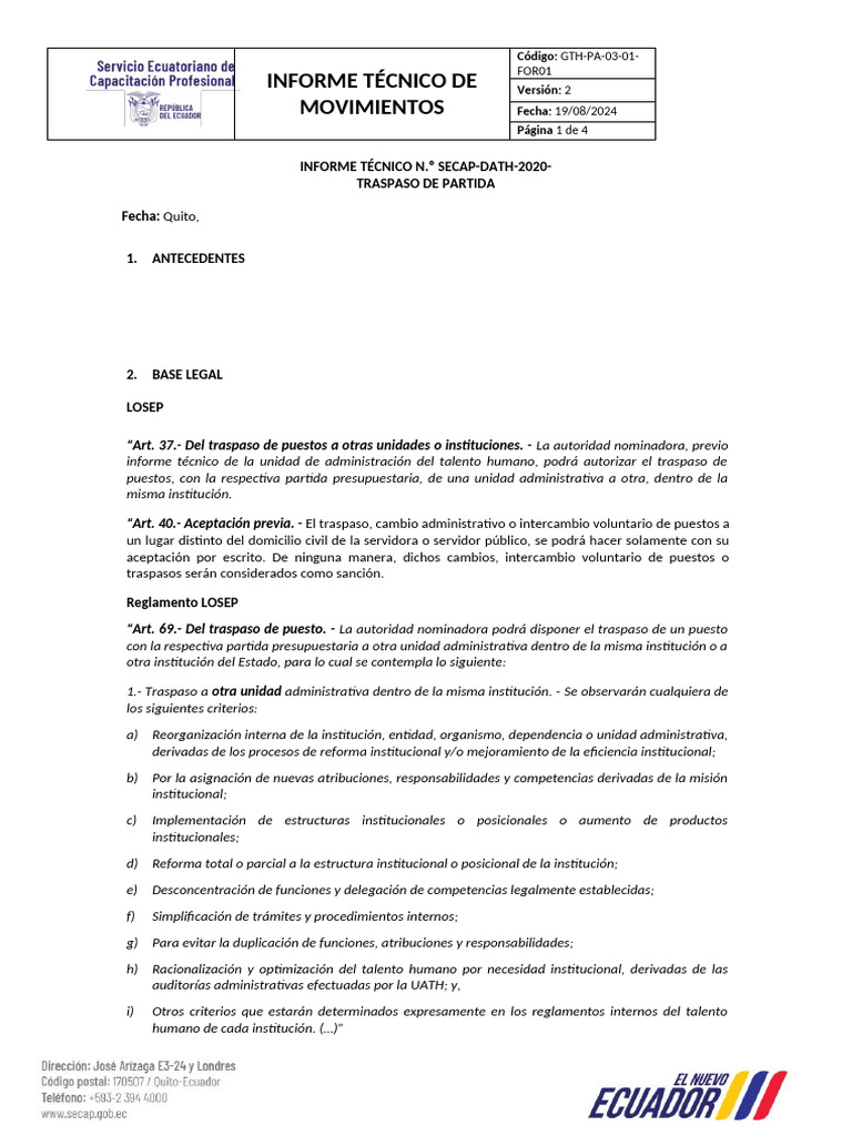 GTH-PA-03-01-FOR01 Informe de Movimiento de Personal | PDF