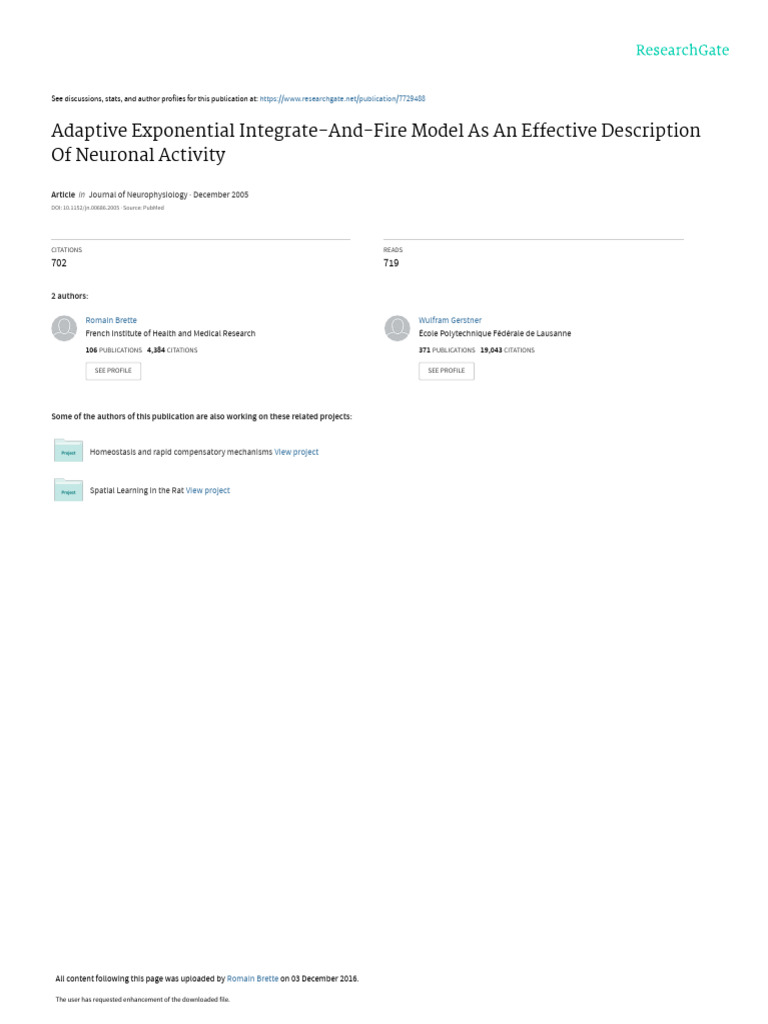 2005 Adaptive Exponential Integrate-And-Fire Model As A | PDF | Action ...
