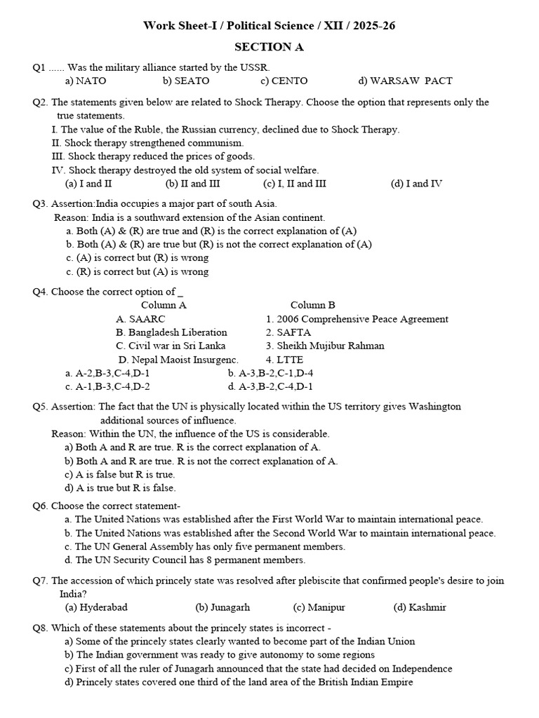 Political Science Worksheet for XII 2025-26 | PDF | Economies ...