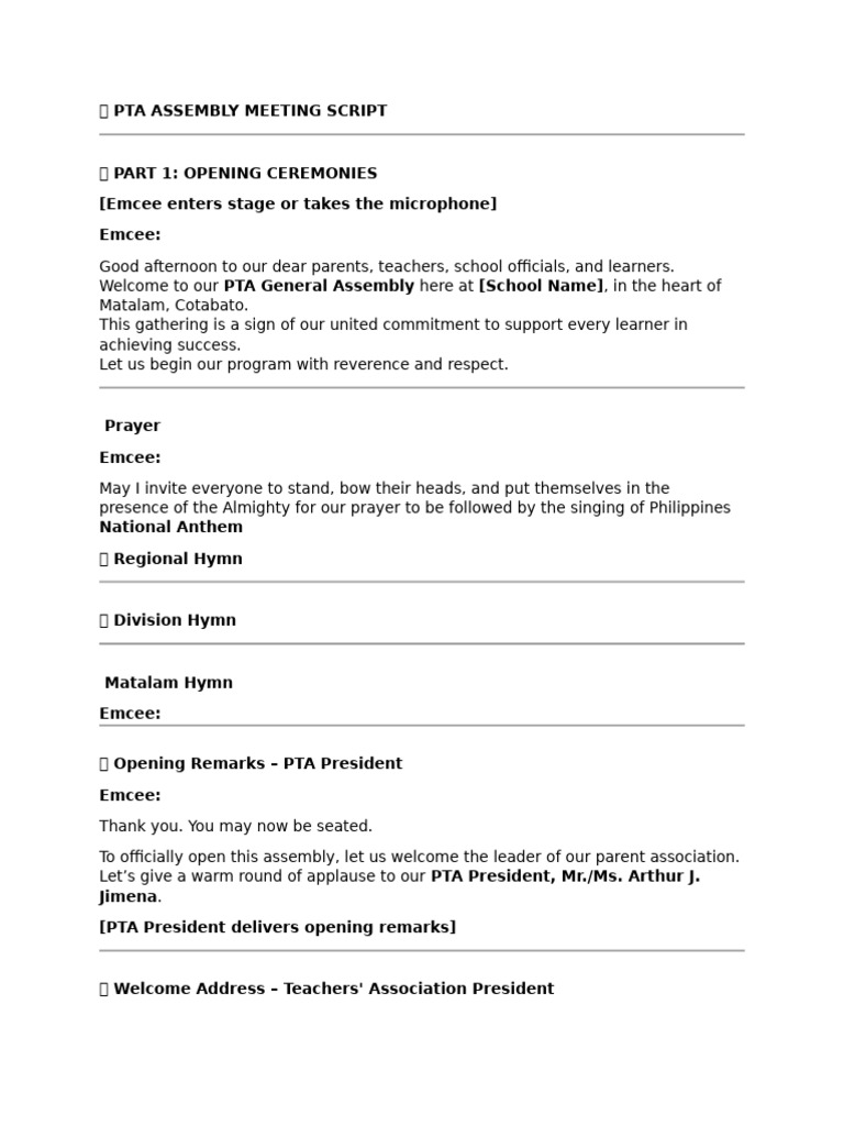 sample of a PTA ASSEMBLY MEETING SCRIPTs | PDF