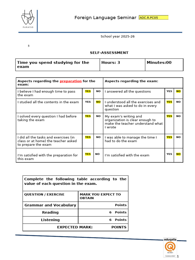 Foreign Language Exam Self-Assessment Guide | PDF | Question | Learning
