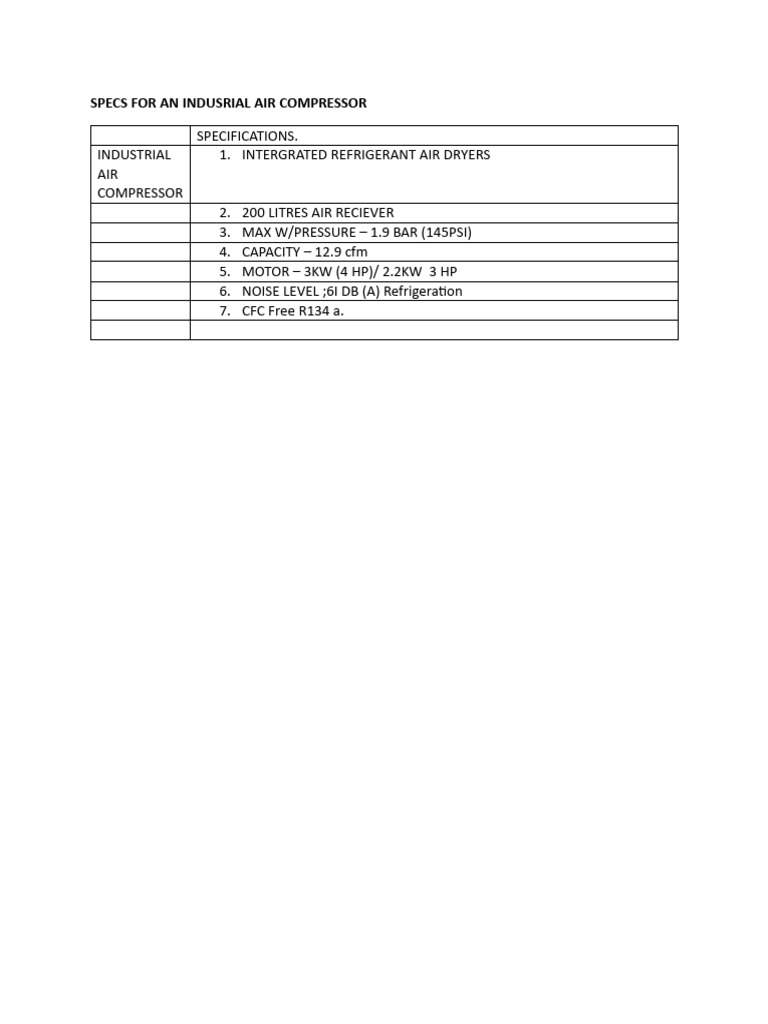 Specs for Air Compressor | PDF