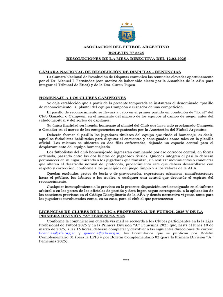Boletin-Resoluciones-6625-(12-02-2025) | PDF | Asociación de Futbol