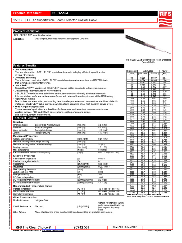 RFS Cellflex® SCF 12-50 J | PDF | Coaxial Cable | Information And ...