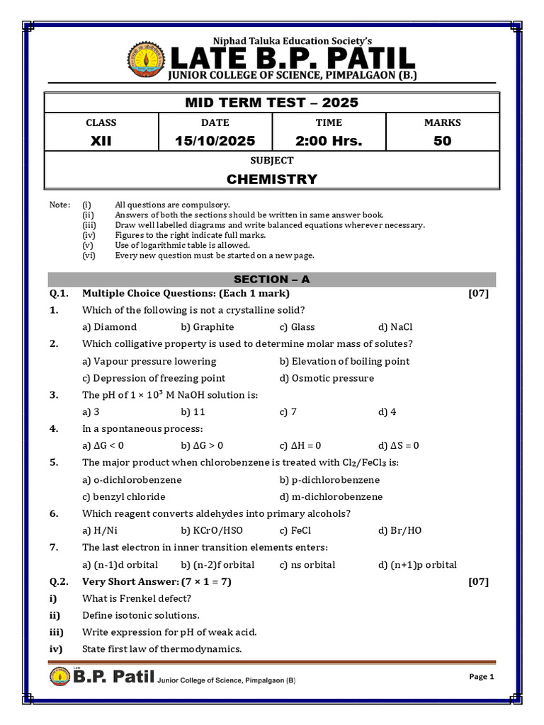 12-Mid Term Test - Chemistry | PDF | Chemical Substances | Physical ...
