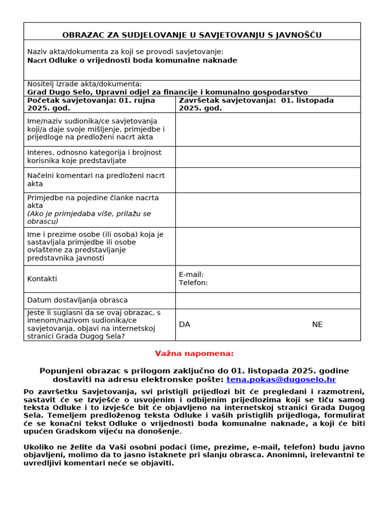 Obrazac Za Sudjelovanje U Savjetovanju S Javnoscu o Nacrtu Odluke o ...