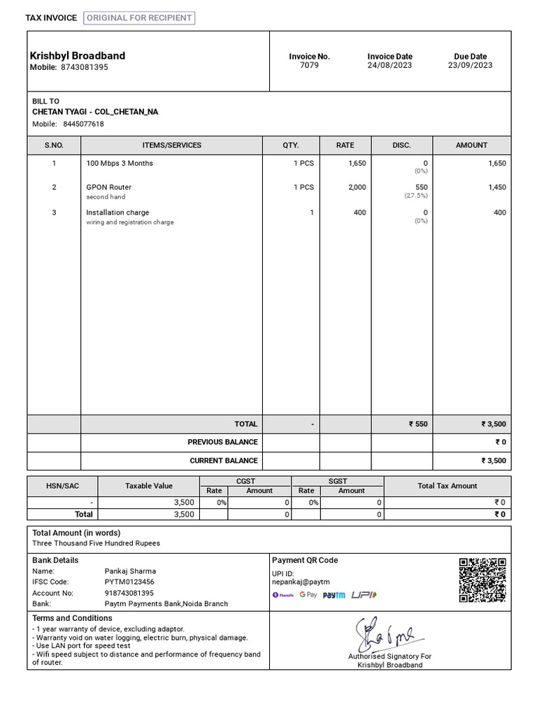 Chetan Tyagi Col Chetan Na Sales Invoice 7079 | PDF | Payments | Taxes