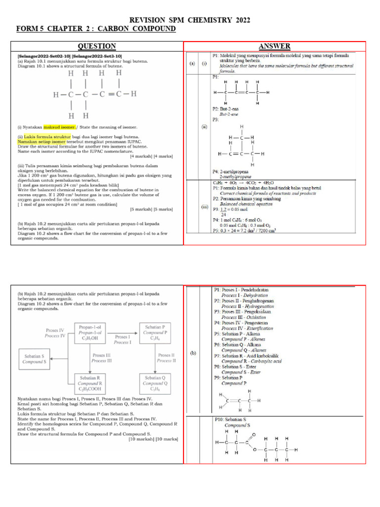 REVISION SPM CHEMISTRY Q 9, 10, 11 2022 Carbon Compound | PDF