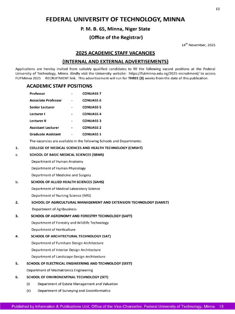 Futminna Vacancy in Academics | PDF