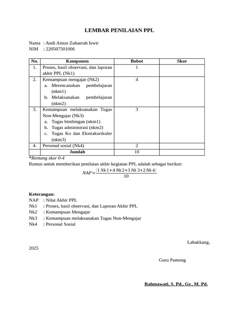 Lembar Penilaian PPL | PDF