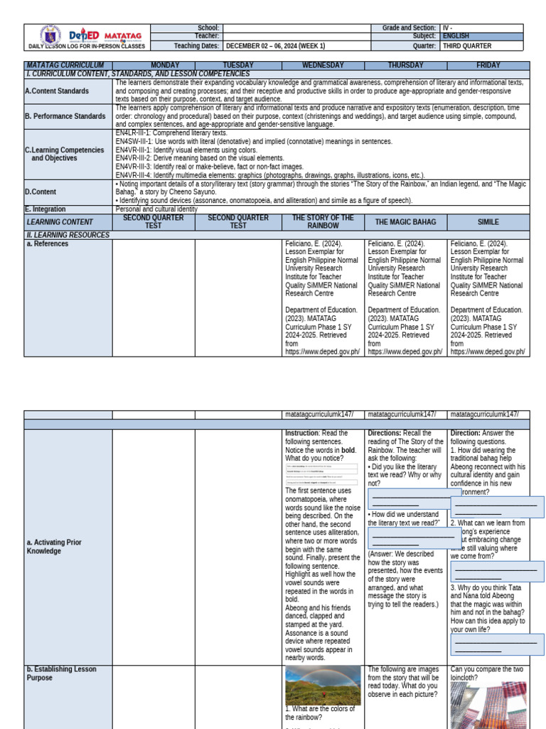g4q3w1 DLL English (Matatag) @sir Ims | PDF | Reading Comprehension ...