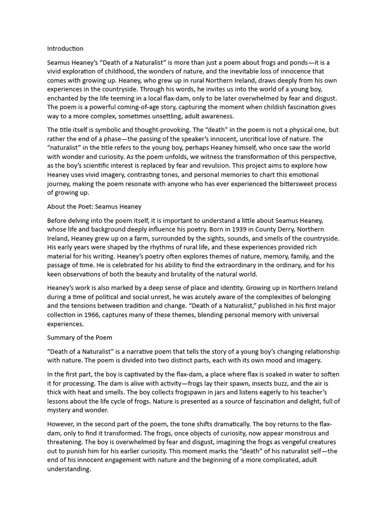 Heaney's "Death of a Naturalist": Innocence Lost | PDF | Poetry ...