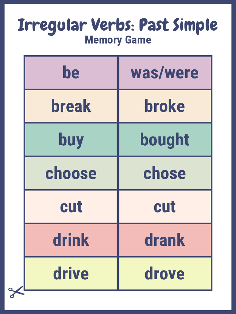 Pastel Past Simple Irregular Verbs Memory Game Cards | PDF