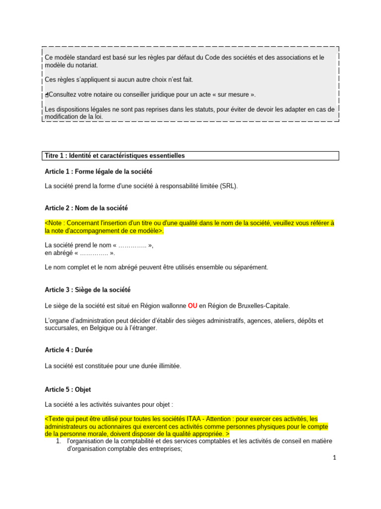 Modèle de statuts pour SRL en Belgique | PDF | Actionnaire