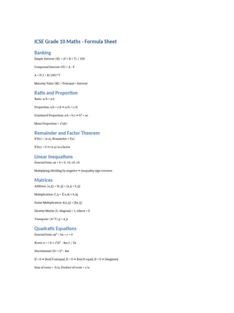 ICSE Grade10 Maths Formulas | PDF