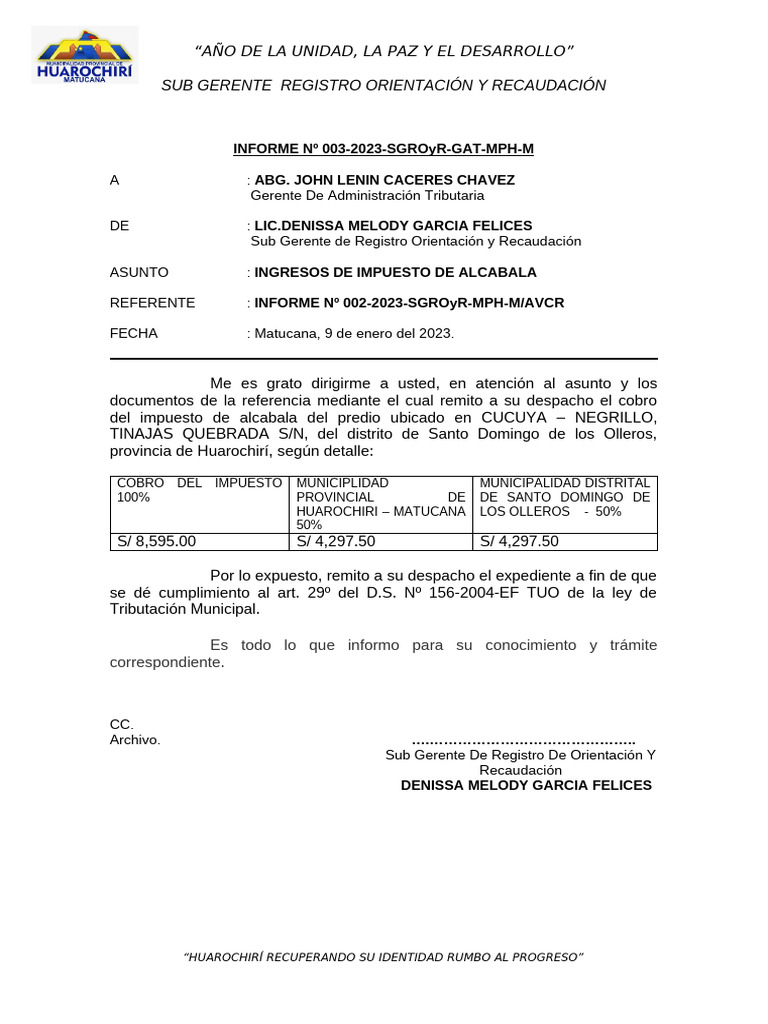 INFORME Nº 003-2023-SGROyR-GAT-MPH-M Ingresos de Impuesto de Alcabala | PDF