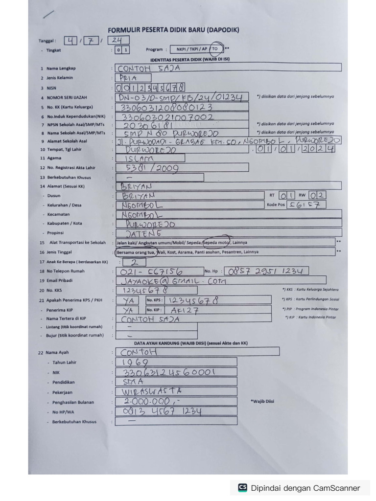 Contoh Pengisian Formulir Dapodik Siswa Baru 2025 | PDF