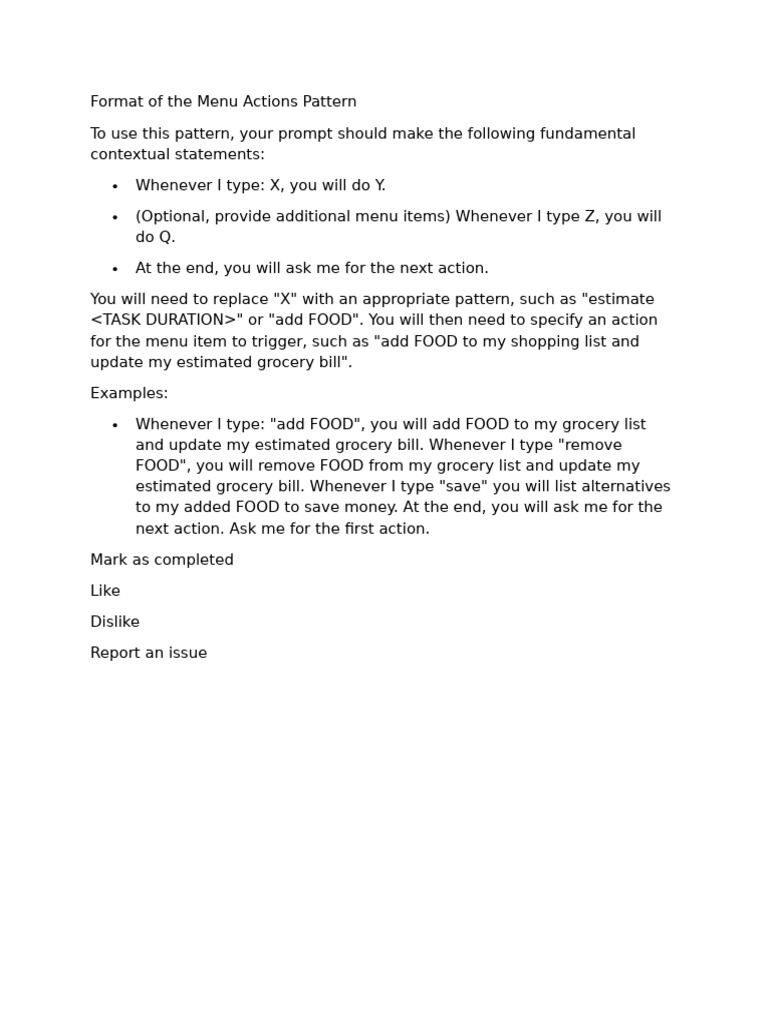 Format of the Menu Actions Pattern - Copy | PDF