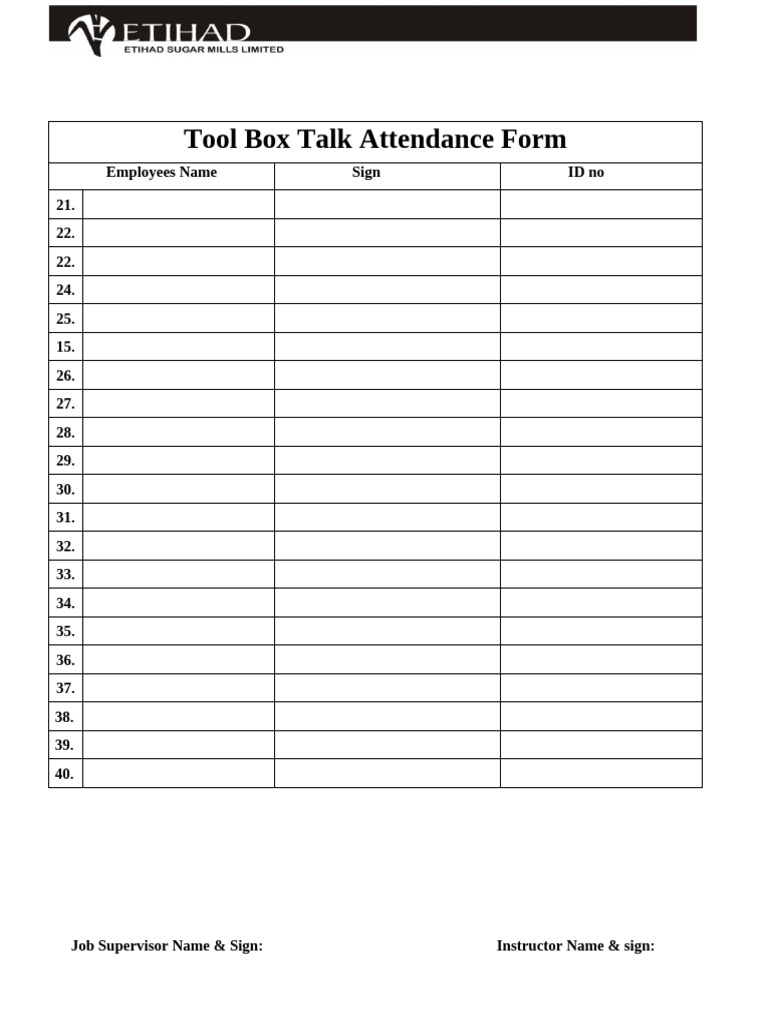 Tool Box Talk Attendance AaForm BB | PDF