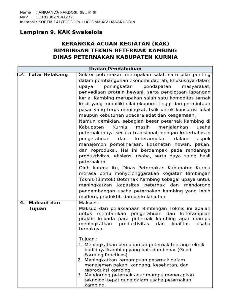 Lampiran 9 - KAK Swakelola Tipe I Dan Kontrak Swakelola | PDF